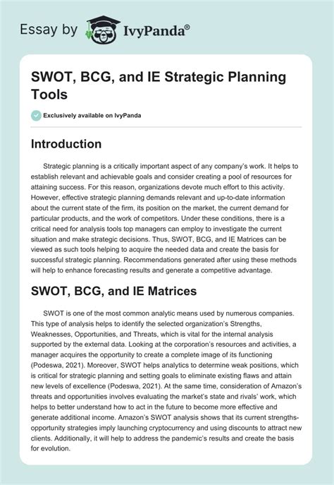 Swot Bcg And Ie Strategic Planning Tools 887 Words Essay Example