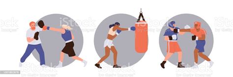 권투 사람들 캐릭터 스포티한 남자 여자 권투 선수 트레이너 강사가 있는 라운드 구성 세트 권투 스포츠에 대한 스톡 벡터 아트 및