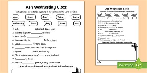 Tas Ash Wednesday Cloze Worksheet Twinkl