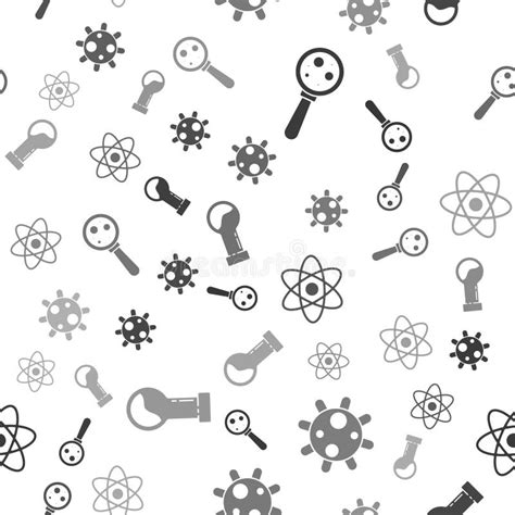 Set Microorganisms Under Magnifier Bacteria Atom And Test Tube And Flask Chemical On Seamless