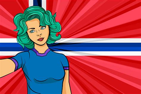 팝 아트 유니콘 컬러 머리 스타일으로 소녀입니다 젊은 팬 소녀 게 노르웨이의 국기 하기 전에 Selfie 벡터 스포츠 일러스트 복고 만화 스타일 Championship에