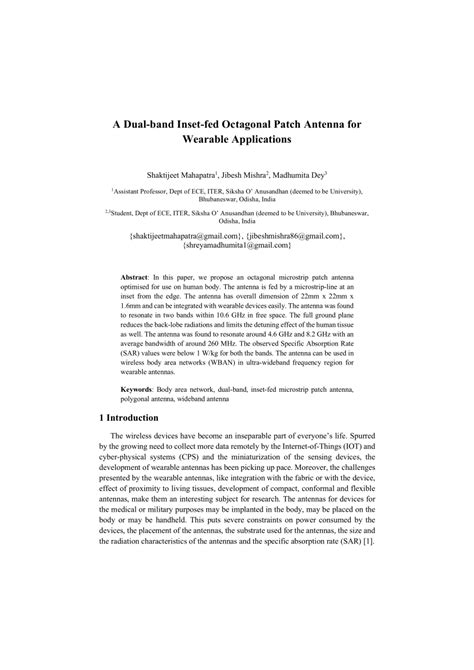 Pdf A Dual Band Inset Fed Octagonal Patch Antenna For Wearable