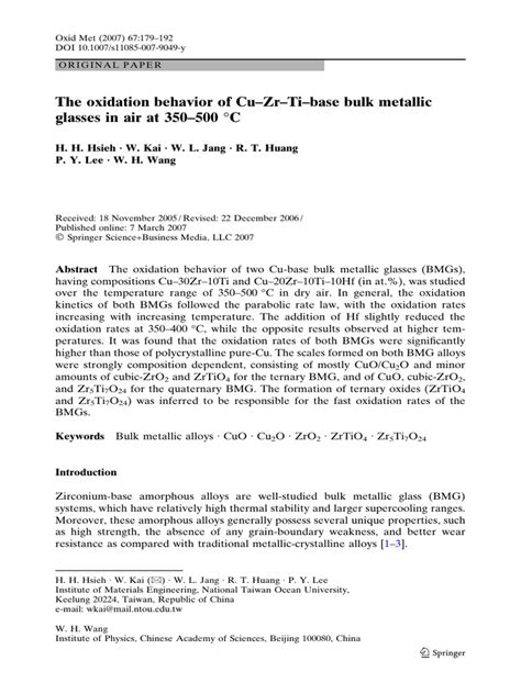 The Oxidation Behavior Of Cu Zr Ti Base Bulk Metallic Glasses In Air At 350 500 Pdf