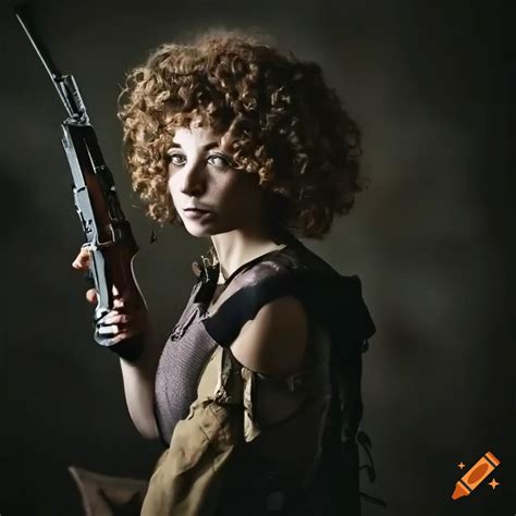 Courageous Woman With Curly Hair In Post Apocalyptic Scene Holding A