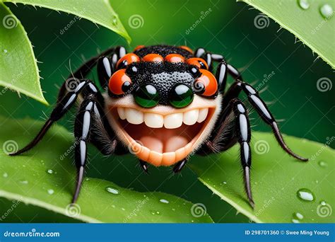Image Of Cartoon Jumping Spider Smiling Like Human Mouth Feature Stock