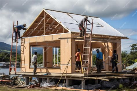 Premium Photo Workers Assembling Prefabricated House Construction
