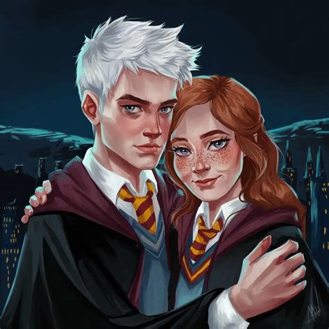 Young Couple In Hogwarts Attire On A Hill Overlooking Night Cityscape