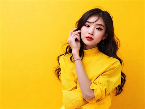 Premium Psd Portrait Of Beautiful Asian Girl Posing On Yellow Background