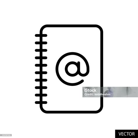 연락처 책 Arroba가 있는 주소록 또는 흰색 배경에 격리된 선 스타일 디자인의 기호 벡터 아이콘 편집 가능한 획 모던 양식에 대한 스톡 벡터 아트 및 기타 이미지