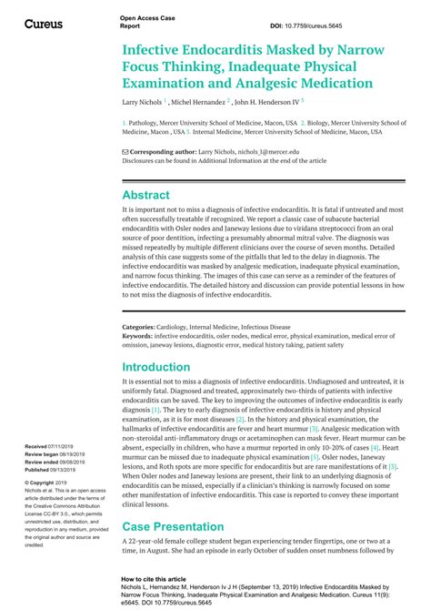 Pdf Infective Endocarditis Masked By Narrow Focus Thinking Inadequate Physical Examination