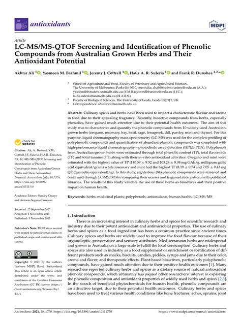 Lc Msms Qtof Screening And Identification Of Phenolic Compounds From Australian Grown Herbs And