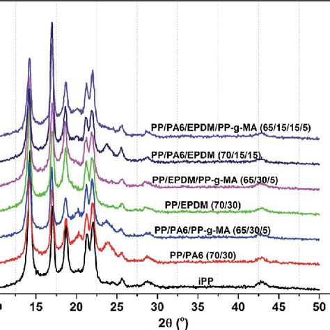 xrd patterns for the pure pp pp pa6 pp epdm binary blends and
