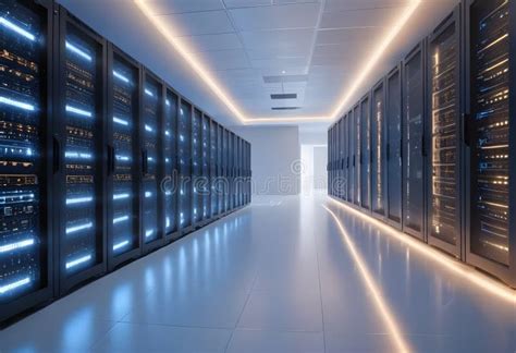 A Server Room With Rows Of Servers Illuminated By Bright Lights The Room Is Clean Modern And