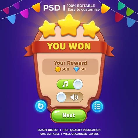 premium psd psd level complete game ui popup 2d interface game ui