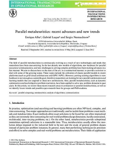 Pdf Parallel Metaheuristics Recent Advances And New Trends