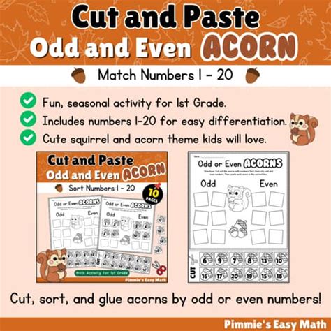 Odd And Even Numbers Cut And Paste Autumn Acorn Math Sorting Activity Up To 20