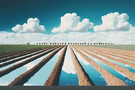 Double Exposure Of Row Of Crops Growing In A Field With Blue Sky And