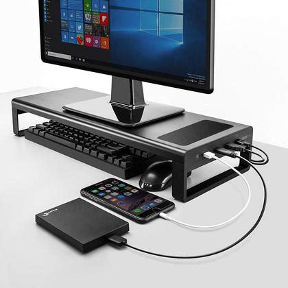 Aluminum Monitor Stand With Wireless Charging Pad 4 USB 3 0 Ports Black