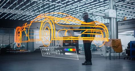 가상 현실 소프트웨어를 사용하여 프로토타입 자동차를 스케치하는 전문 자동차 디자이너 디자인 소프트웨어 Ux 인터페이스를 통한 디지털 시각화 메타버스 환경에서 예술을 만드는