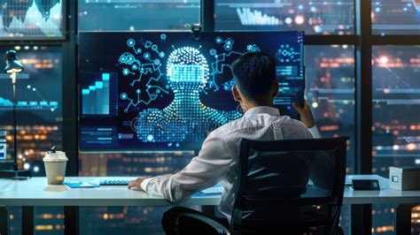 Ai Robot Analyzes Data On Multiple Monitors In Futuristic Office Showcasing Advanced Technology