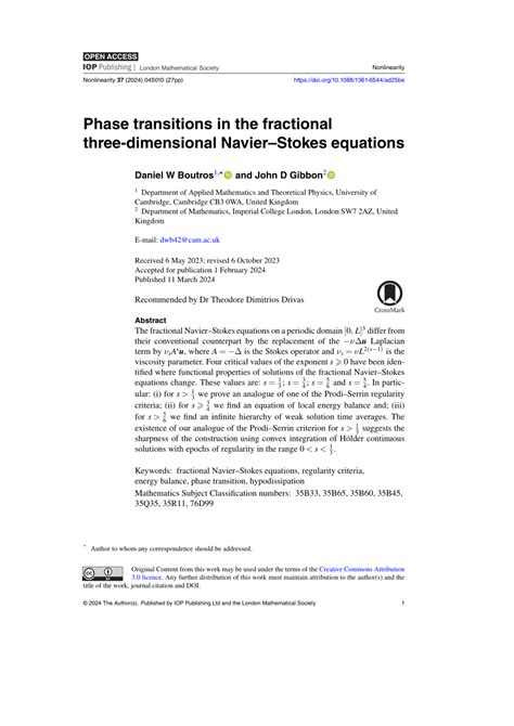 Pdf Phase Transitions In The Fractional Three Dimensional Navierstokes Equations
