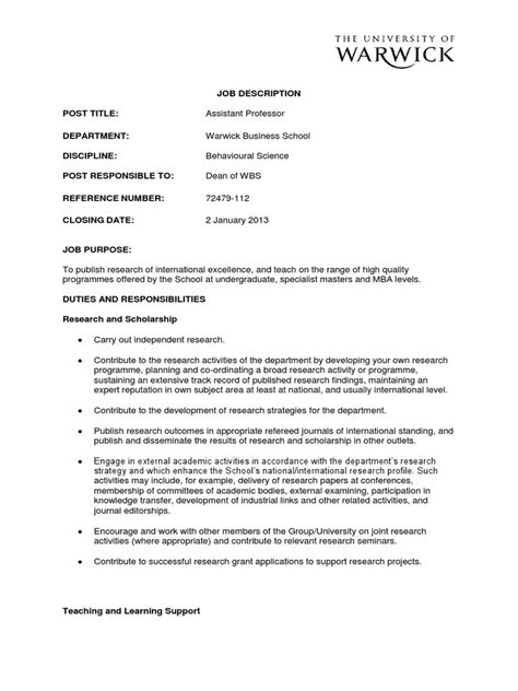 Assistant Prof Job Responsibilities Pdf Postgraduate Education Master Of Business