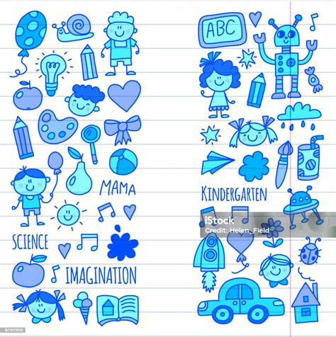 학교 유치원입니다 행복 한 아이 들 창의력 상상력 낙서 아이콘 아이 들과 함께입니다 재생 하 고 연구 하 고 행복 한 학생 과학