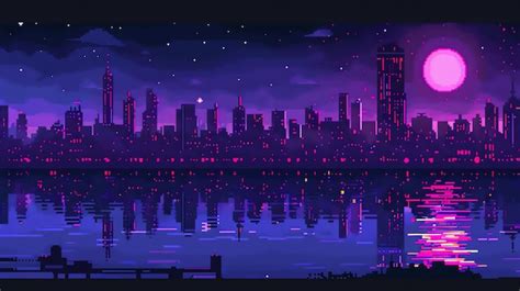 A Beautiful Pixel Art Illustration Of A Cityscape At Night The City Is