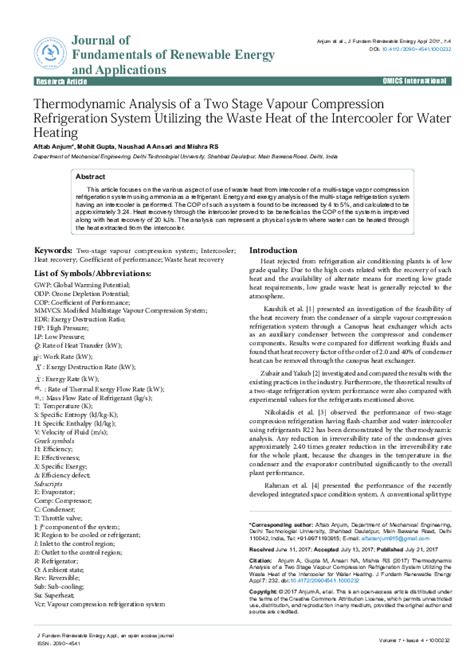 Pdf Thermodynamic Analysis Of A Two Stage Vapour Compression Refrigeration System Utilizing