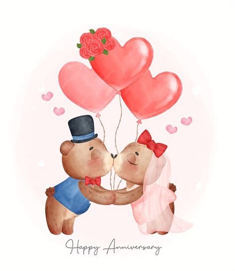 수채화 귀여운 두 커플 발렌타인 갈색 곰 신랑과 신부 키스 행복 기념일 만화 캐릭터 손 그리기 그림 벡터 프리미엄 벡터
