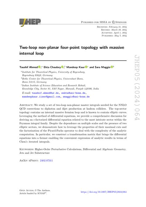 Pdf Two Loop Non Planar Four Point Topology With Massive Internal Loop