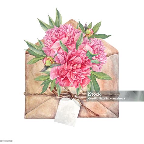 수채화 핑크 모란 여름 꽃 베이지 색 봉투 흰색 배경에 고립 녹색 잎을 가진 손으로 그린 꽃 식물 결혼식 초대 축 하 카드에 대 한 클립 아트 벽지 또는 포장지 0명에 대한