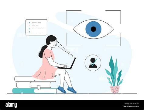 Woman With Scanner Of Eye Girl With Laptop Undergoes Biometric
