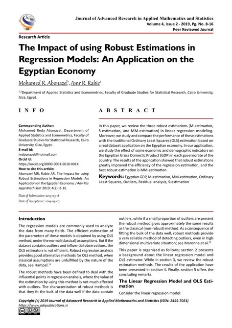 Pdf The Impact Of Using Robust Estimations In Regression Models An Application On The