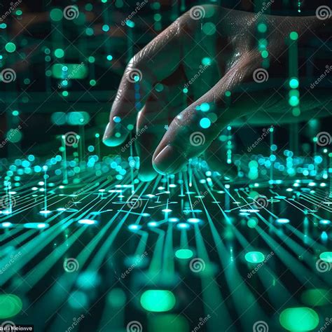 Human Hand Reaching Towards Glowing Data Network Almost Touching Robotic Hand Across Digital