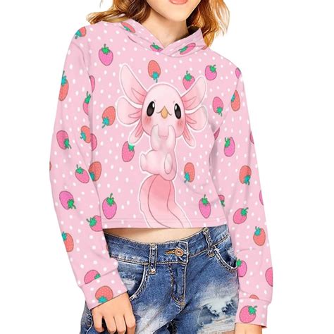 Netilgen Strawberry Axolotls Pattern Cute Crop Top Hoodies For Teen