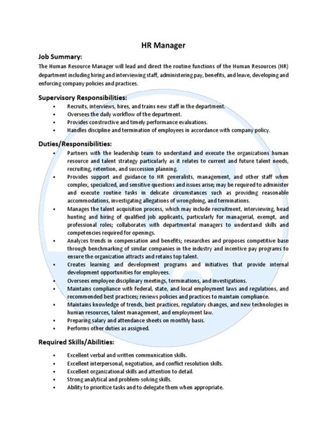 Job Description Hr Manager Pdf Human Resource Management Human