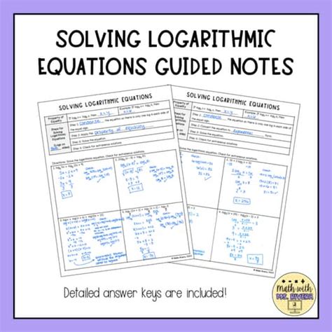 Solving Logarithmic Equations Guided Notes For Algebra 2 Printable No Prep