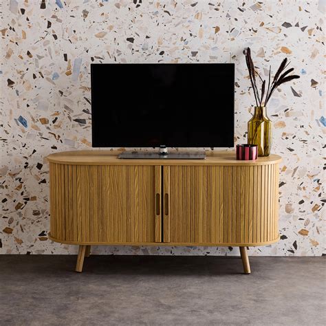 120cm Scandi Style Tv Unit With Grooved Wooden Effect And 2 Sliding