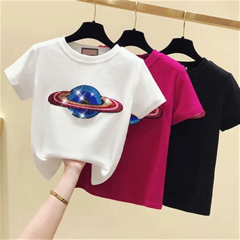 코튼 화이트 Tshirt 여성 탑 플래닛 스팽글 패션 반팔 빈티지 여성 티셔츠 캐주얼 블랙 티 셔츠 여성 여름티셔츠