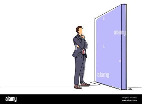 Single One Line Drawing Businessman Thinking In Front Of Big Obstacle Or Wall Abstract