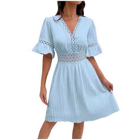 Arnsht V Neck Lace Insert Flounce Sleeve Midi Dress For Women