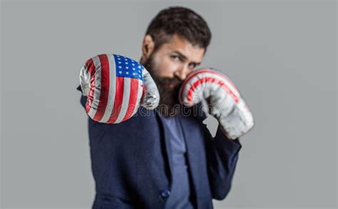 Fighting Stance Pose Knockout Businessman In America Boxing Gloves Businessman With Boxing