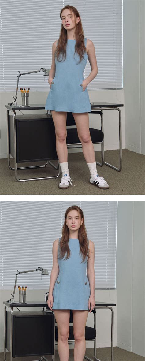 에스티유 우먼 버튼 린넨 드레스 스카이 블루 Stu Kream