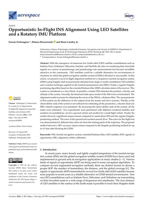 Pdf Opportunistic In Flight Ins Alignment Using Leo Satellites And A Rotatory Imu Platform