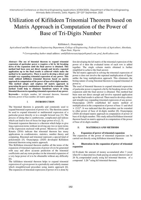 Pdf Utilization Of Kifilideen Trinomial Theorem Based On Matrix