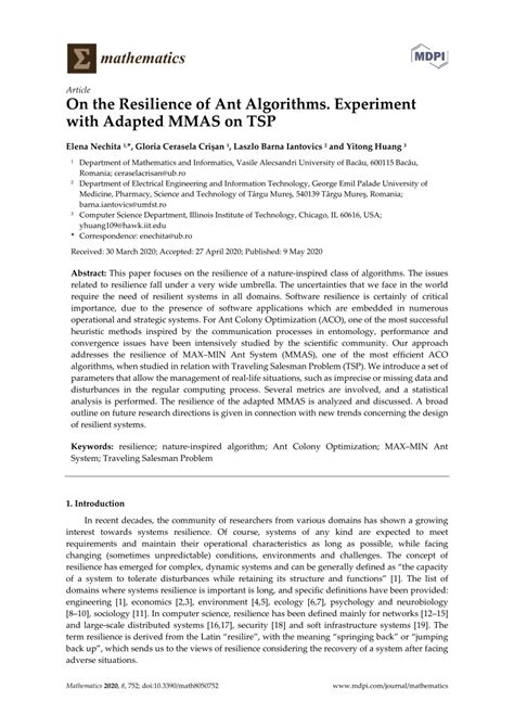 Pdf On The Resilience Of Ant Algorithms Experiment With Adapted Mmas