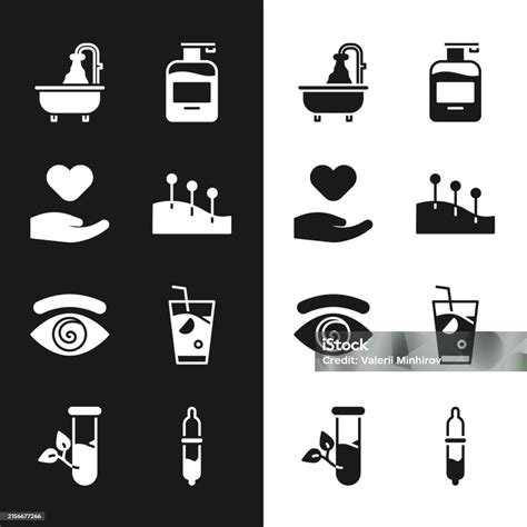 침술 요법 손에 심장 욕조 액체 비누 병 최면 신선한 스무디 피펫 및 실험실 유리 잎 아이콘을 설정합니다 벡터 강렬하고 밝은