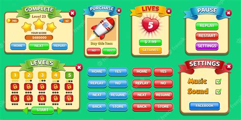 premium vector casual game ui kit menus pop up screens and game elements
