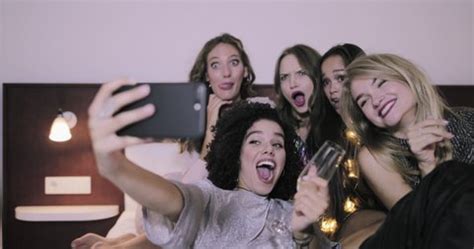 Group Girls Taking Selfie Bedroom House Stock Footage Video 100